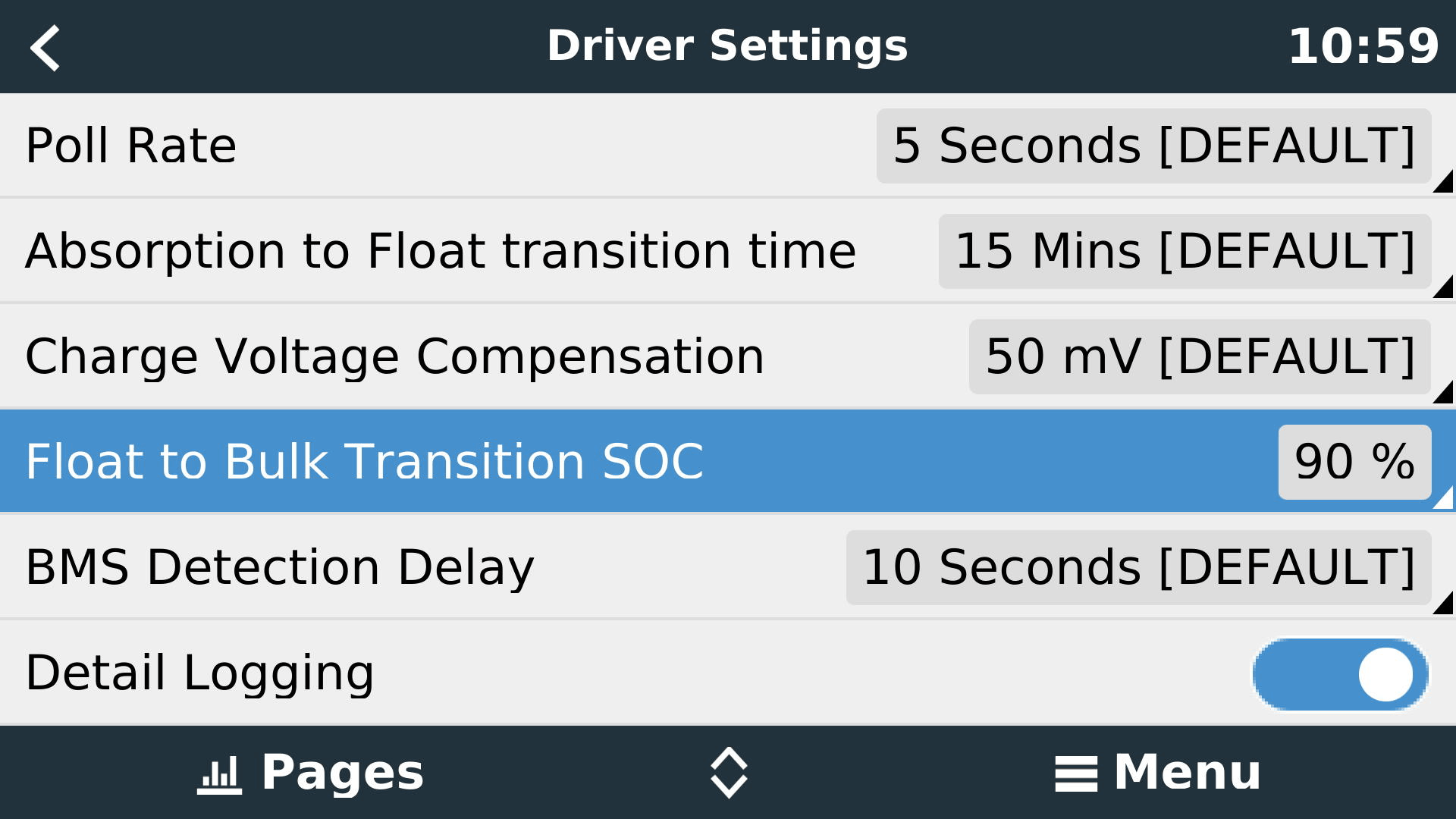 SFK Venus OS Driver - Driver Settings - Float to Bulk Transition SOC