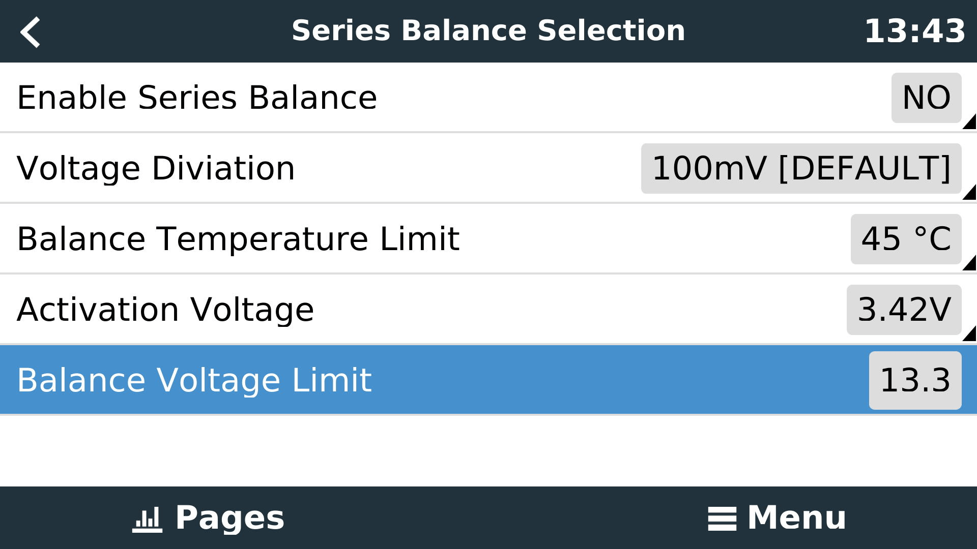 SFK Venus OS Driver - Series Balance Selection - Balance Voltage Limit